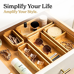 SMIRLY 5-Piece Bamboo Kitchen Drawer Organizer Set for Large and Small Utensils, Multi-use Storage Box - Bathroom, Nightstand, Jewelry, Cutlery, Knife, Spice, Towel, Junk Drawer Tray