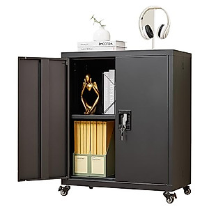 GREATMEET Metal Storage Cabinet with Locking Doors and Adjustable Shelves,31.5" H Steel Storage Cabinet with Wheels for Office,Home,Garage,Classroom Black