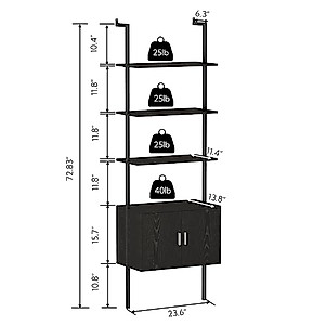 Yusong 73" Tall Bookshelf with Cabinet, Industrial Ladder Wall Mount Shelf Bookcase with Wood and Metal Frame, Plant Shelf Wall Storage Display for Living Room Bedroom, Black Wood Grain