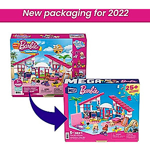 MEGA Barbie Building Toys Playset, Malibu Dream House with 303 Pieces, 2 Micro-Dolls, Accessories and Furniture, 3 Pets