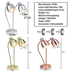 vhdurike 2-Head Food Warming Light, Countertop Food Heat Lamp, Commercial Food Warmer, Stainless Steel Catering Food Warming Lamp for Restaurant Kitchen,Gold