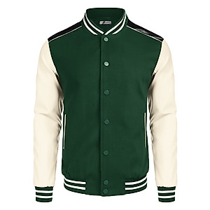 COOFANDY Mens Letterman Jackets Unisex Baseball Bomber Jacket Wool Faux Leather Coats Outwear Green Fall Jacket