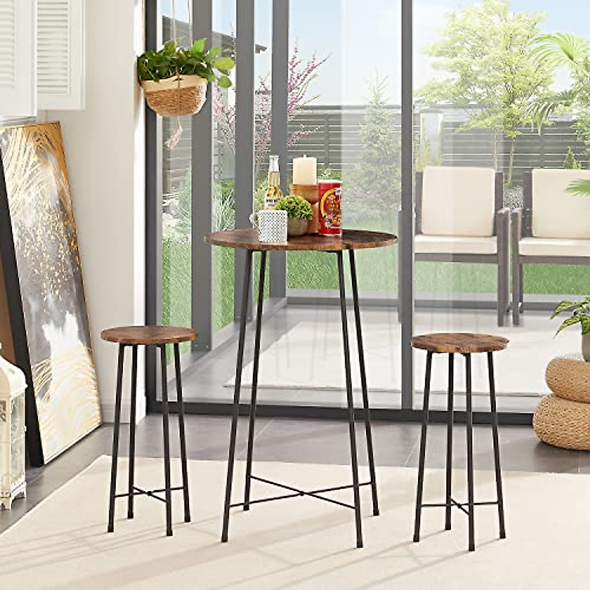 VECELO Small Bar Table and Chairs, Round Bistro Sets with 2 barstools, 3-Piece Pub Dining Furniture, Counter Height Wood Top for Breakfast Dinner Coffee Nap Conference, Easy Assembly, Rustic Brown