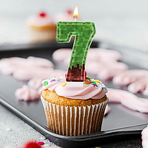 Birthday Number Candle, Green Brown Birthday Number Candles Paraffin Pixel Birthday Cake Toppers Cake Decorations for Birthday Miner Game Party Decoration (Number 7)