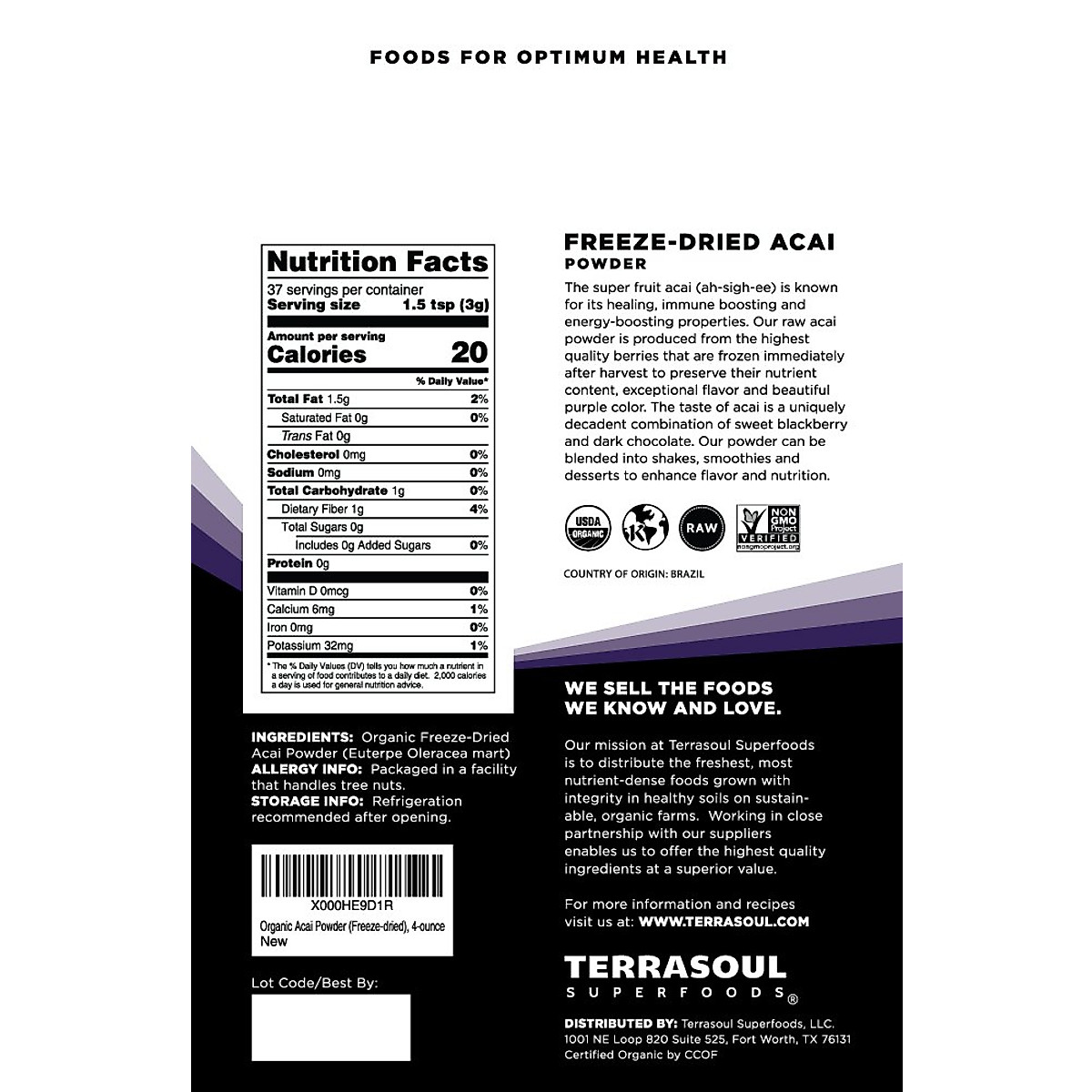 Terrasoul Superfoods Organic Acai Berry Powder, 4 Oz, Freeze-Dried for Freshness, Omega Fats Boost for Smoothie Bowls, and Antioxidant-Packed Superfoods Recipes