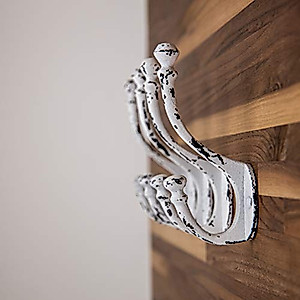 Vintage Cast Iron Wall Hooks (Antique White Finish, Set of 4) - Rustic, Farmhouse, Shabby Chic, French Country Coat Hooks | Great for Coats, Bags, Towels, Hats | Heritage Select
