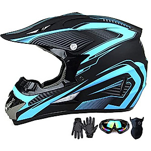 Motocross Helmet,Youth Kids Trend Full Face Helmet,ATV Motorcycle Helmet,Dirt Bike Downhill Off-Road Mountain Bike Helmet,DOT Certified,4-Piece Set (Blue, S)