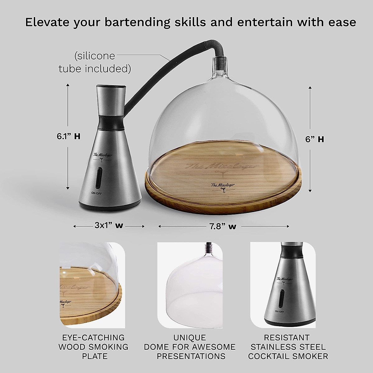 The Mixologer Cocktail Smoker Kit | Whiskey & Drink Smoker Infuser | Stainless Steel Smoker, Dome, Wood Plate & 3 Wood Chips | Ideal to Prepare Elegant Smoky Cocktails at Home |