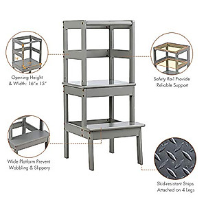 Costzon Kids Kitchen Step Stool with Safety Rail, Wood Standing Tower Learning Stool with Anti-Slip Strips for Children, Toddlers Kitchen Counter Helper Stool for Bathroom