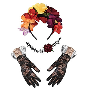 Funsveta Rose Flower Crown Headband Day of the Dead Headbands for Women Halloween Headpiece Party Cosplay Accessory Sets（Red and Yellow）