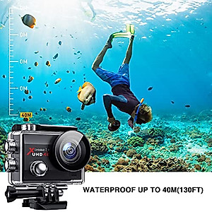 4K 20MP WiFi Action Camera 131FT Underwater Waterproof Camera 2.0'' LCD Screen 170° Wide Angle EIS Sports Cam with External Mic 2.4G Remote Control 2x1050mAh Batteries and Helmet Accessories Kit