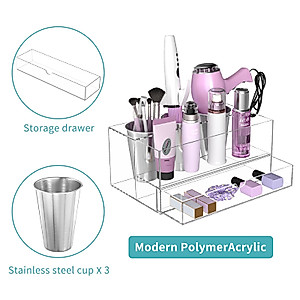 HIIMIEI Hair Tool Organizer, Clear Acrylic Hair Dryer Organizer with Drawer, Hair Styling Tool Organize, Bathroom Vanity Countertop Storage Organizer for Blow Dryer, Curling Irons, Makeup, Toiletries