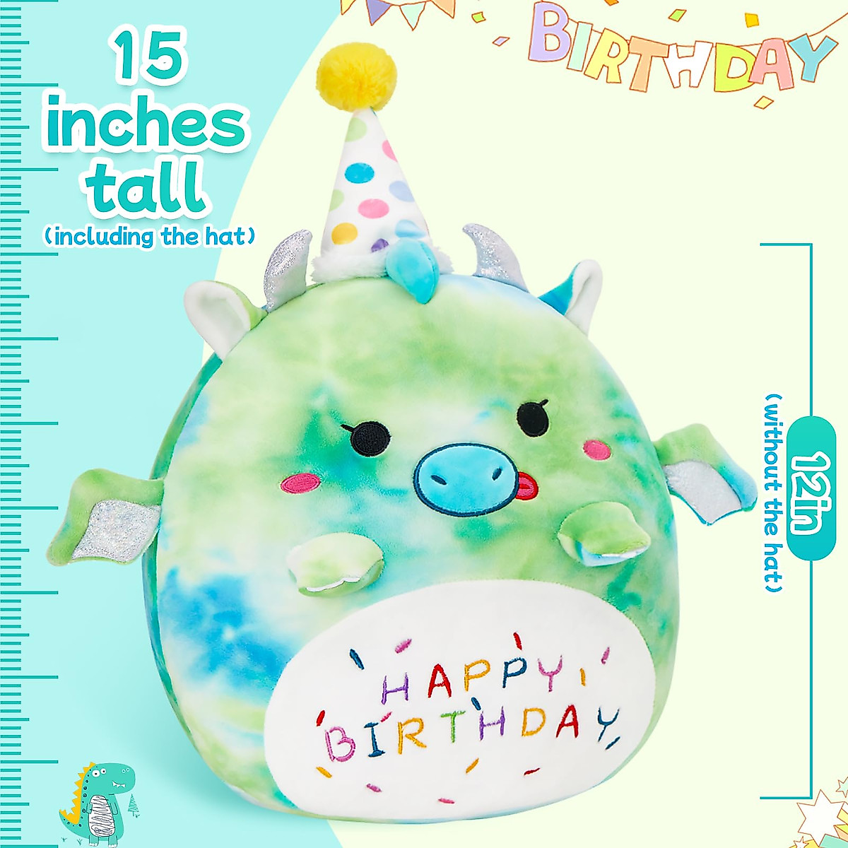BSTAOFY 15'' Cute Happy Birthday Dinosaur Soft Plush Pillow Green Dinosaur Birthday Stuffed Animal Gifts for Boys Girls Baby Kids