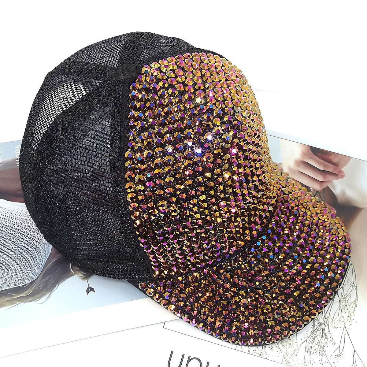 Bling Baseball Cap for Women with Full Diamond Design Adjustable Ladies Baseball Travel Cap (Gold-Pink)