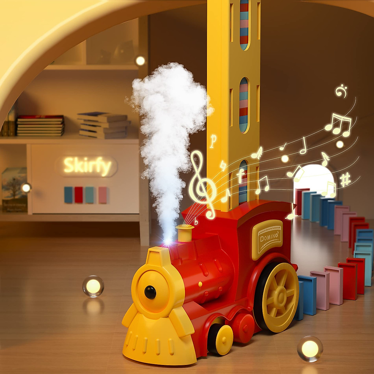 Skirfy Birthday Gift Kids Toys Dominoes Train Set- 160PCS Domino Blocks Set Automatically Run with Real Steam Function, with Lights and Sound,Creative Toys for Kids Aged 4-8 with Storage Bag