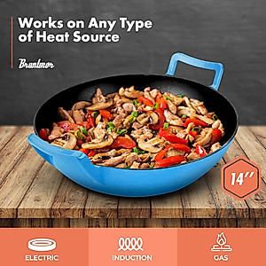 Bruntmor 14 Inch Blue Enameled Cast Iron Wok/Pot - Nonstick Skillet Pan with Large Loop Handles for Versatile Cooking - Oven Safe & Electric Stovetop Compatible - Indoor and Outdoor Culinary Essential