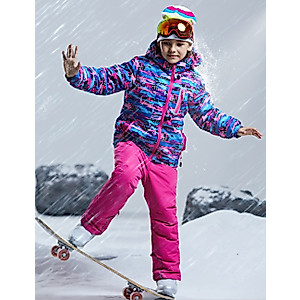 WOWULOVELY Girls Thicken Warm Snowsuit Hooded Ski Jacket Pants 2 Pcs Set Skiing Jacket with Pants(23 Rose1,Size 8)