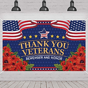 Veterans Day Decorations Photography Red Poppies Thank You Veterans Day Banner 4th of July Patriotic Fourth of July Veterans Day Backdrop Remember and Honor Decorations and Supplies for Party
