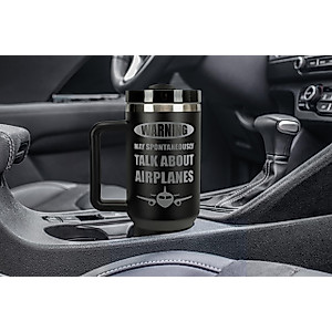 Elanze Designs Warning May Talk About Airplanes Pilot 40 oz. Stainless Steel, Large Water Bottle Coffee Mug, Spill & Leak Resistant, Thermal Travel Tumbler with Handle, Lid & Straw, Black