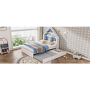 TURRIDU Full Size House-Shaped Bed with Led Light&Bookcase Headboard,Wood Platform Bed with Pull-out Trundle,No Box Spring Needed,Montessori Floor Bed, Blue+ White