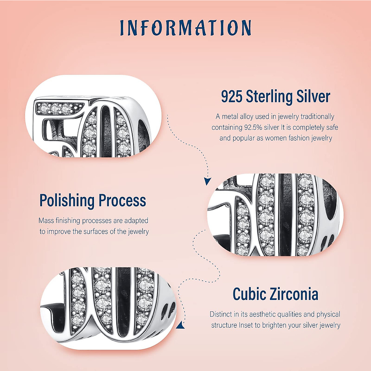 Amuefer Charms for Bracelets Number 50 Brithday Anniversary Bead 925 Sterling Silver Charms Gift for Women Bracelet Necklaces