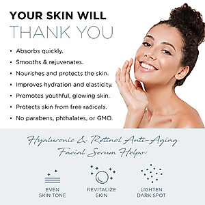 Azure Cosmetics Dermatologist Tested Hyaluronic & Retinol Face Serum - K Beauty Anti-Aging Formula for Dark Spots & Wrinkle Care - Korean Skincare, Moisturizing Complex for Glowing Skin - 1.69 fl oz