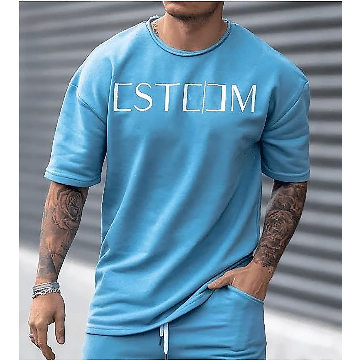 TZIISOA Men's Tracksuits 2 Piece Outfit Casual Short Sleeve Sweat (Blue,L)