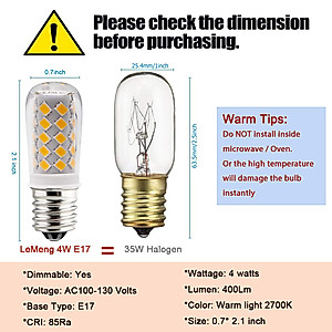 KAKEMONO Dimmable E17 LED Ceiling Fan Light Bulb 4W, 40W Halogen Equivalent,2700K Warm White 120V E17 Intermediate Base for Desk Reading Lamp,Appliance Range Hood Cabinet Chandelier Lighting,2 Pack