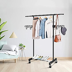 hombani Garment Rack on Wheels with Brakes and Wing Hooks, Industrial Style Rolling Clothing Organizer for Hanging Clothes, Extendable - Black