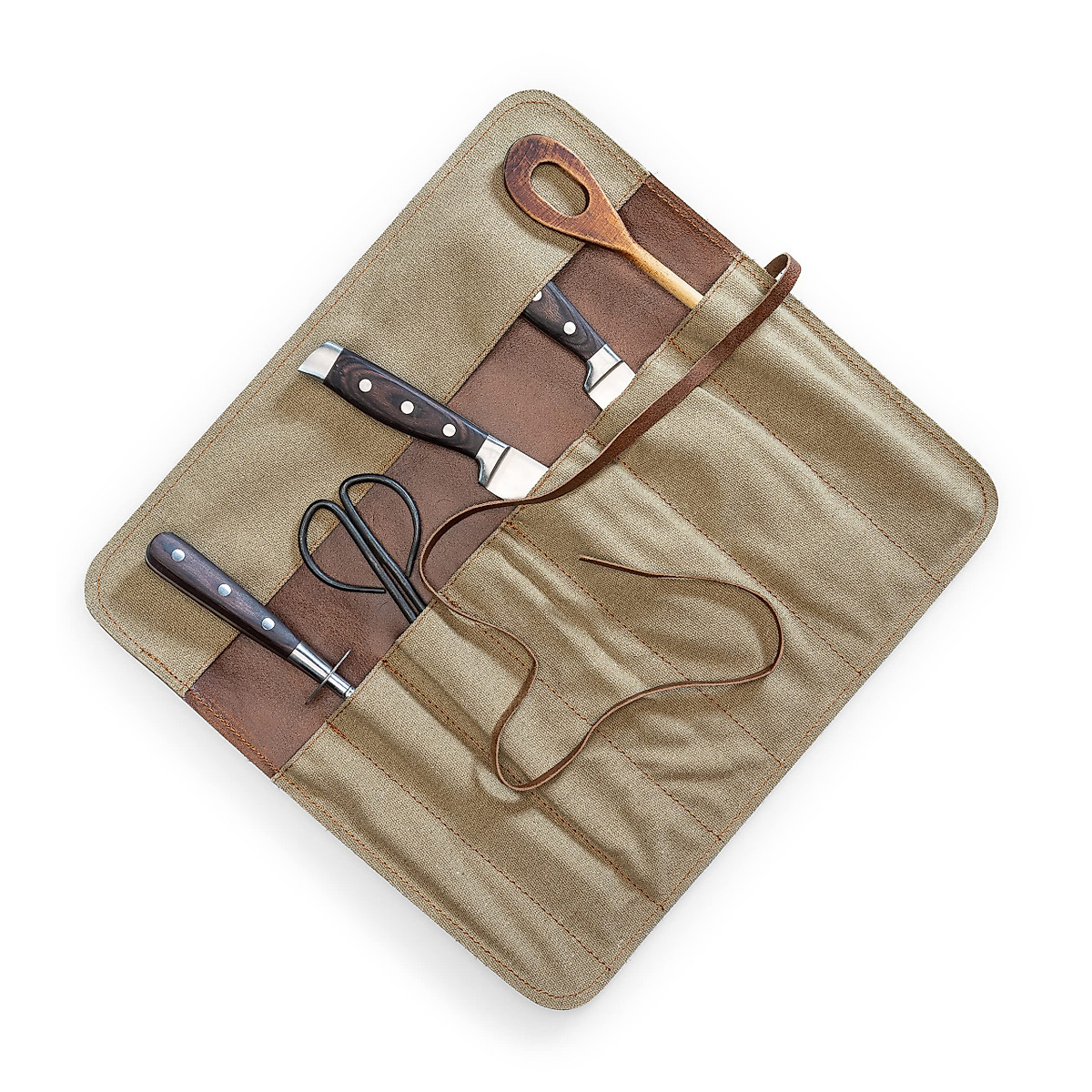 Angus Stoke Knife Bag made of genuine buffalo Leather & Canvas - Chef's Knife Roll Case for Cooking, Camping & BBQ - Knives storage bag Nate (brown)