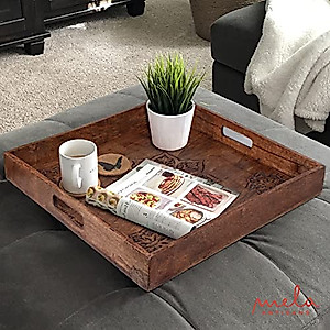 Mela Artisans TV Ottoman Wooden Serving Tray - Medium Polish | Decorative Mango Wood | Rustic Farmhouse Decor | Use to Serve Breakfast in Bed | Transports Food, Coffee and Tea | 19" x 19” x 2.5”