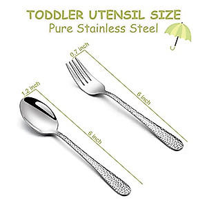 TeamFar Toddler Utensils, Stainless Steel Kids Silverware Children Spoons & Forks for Self Feeding at Home & Preschool, Healthy, Mirror Polished & Hammered Handle, Dishwasher Safe, Set of 6