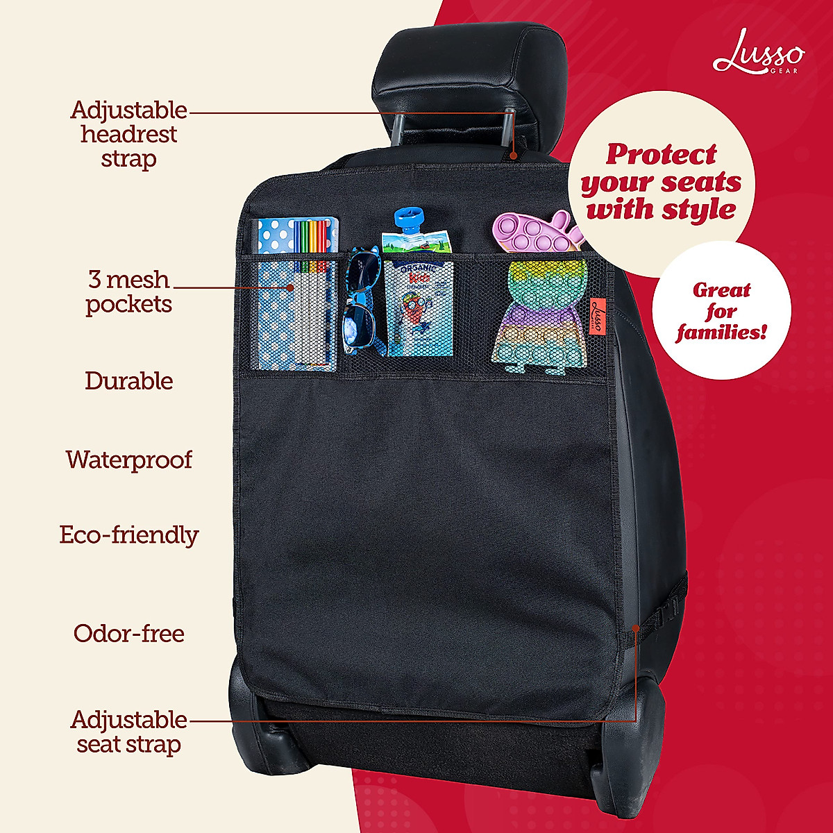 Lusso Gear Heavy Duty Kick Mats (2 Pk) - Waterproof Back Seat Organizer - Sag Proof Car Seat Cover for Kids - Black Kick Mats Car Protector with 3 Reinforced Storage Pockets - Backseat Protector