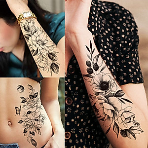 VANTATY 61 Sheets 3D Snake Flower Temporary Tattoos For Women Girls Neck Arm, 12 Sheets Realistic Floral Fake Tattoo Stickers Thigh, Waterproof Temp Transfer Tatoo Adults Rose Sunflower Butterfly