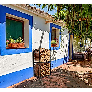 TQVAI 2 Tier Outdoor Firewood Rack, Indoor Fire Log Storage with Fire Tools Hanging Hooks and Waxed Canvas Wood Carrier Bag, Stacking Fireside Lumber Holder, Black