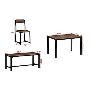 FUILIAY 4 Piece Wooden Dining Set for Kitchen, Home Dining Room, Rectangular Table with Bench and 2 Chairs, Steel Frame - Brown