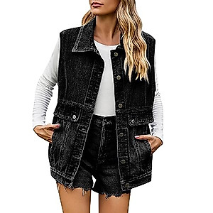 Gerichy Workout Tops for Women, Denim Shirts for Women Trendy, Fall Clothes for Women 2023 Trendy, Women's Oversized Denim Jacket Sleeveless Denim Shirt with Pockets Casual Jacket