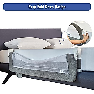 Plushy Kids Bed Rail for Toddlers, Foldable & Extra Long, Safety Crib Rail Guard with Reinforced Anchor Safety, Swing Down Bed Rails for Queen Bed, Full Size Double & King Bed (Grey, 47inch)