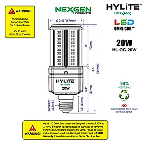 HyLite LED Lighting 20W High Performance LED Omni-Cob Lamp, 360º, (~100W HID), 50K, 3000 lm, 100~277V for Commercial Industrial Lighting Warehouse High Bay Light Fixture Garage Workshop, White