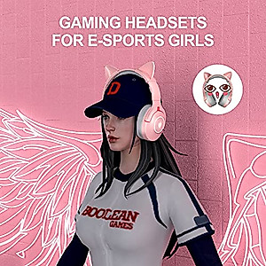 PHOINIKAS Wireless Gaming Headset with Cute Cat Ears, Wired for PS5, PS4, PC, Nintendo Switch, Q9 Over Ear Kitty Headphones with Detachable Mic, Bluetooth Headphones for Phone, Gift for Girls (Pink)