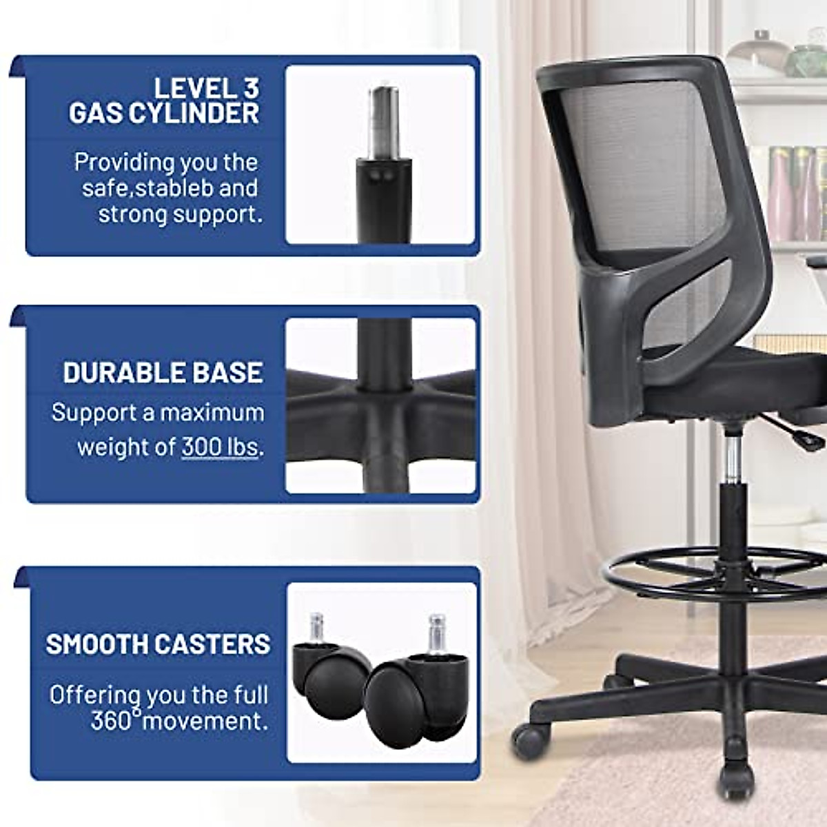 Tall Office Chair, Drafting Chair, High Adjustable Standing Desk Chair, Ergonomic Mesh Computer Task Table Chairs with Adjustable Armrests and Foot-Ring for Standing Desk and Bar Height Desk