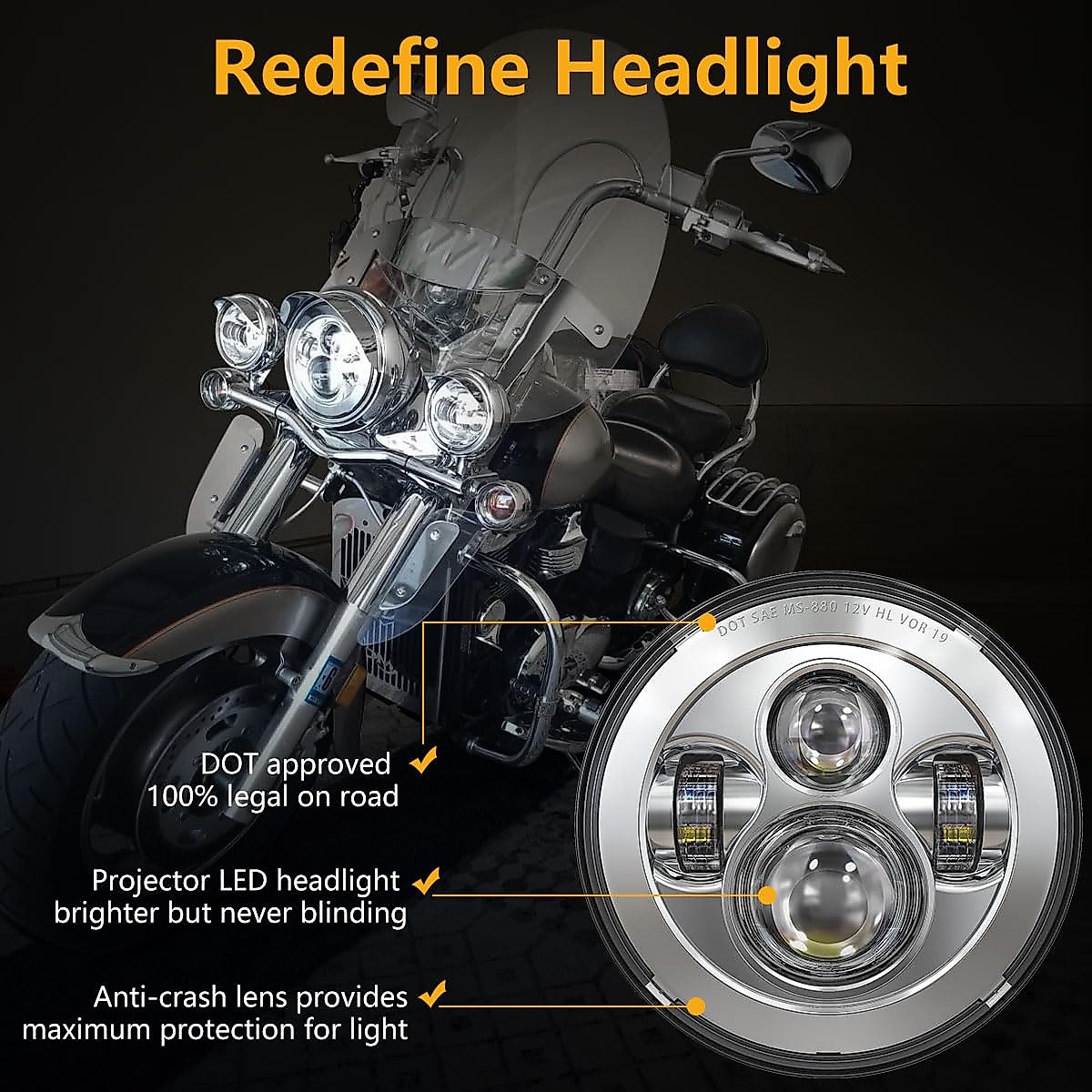 TRUCKMALL 7 inch LED Headlight Fog Passing Lights DOT Kit Ring Motorcycle for Touring Road King Ultra Classic Electra Street Glide Tri Cvo Heritage Softail Slim Deluxe Fatboy Chrome