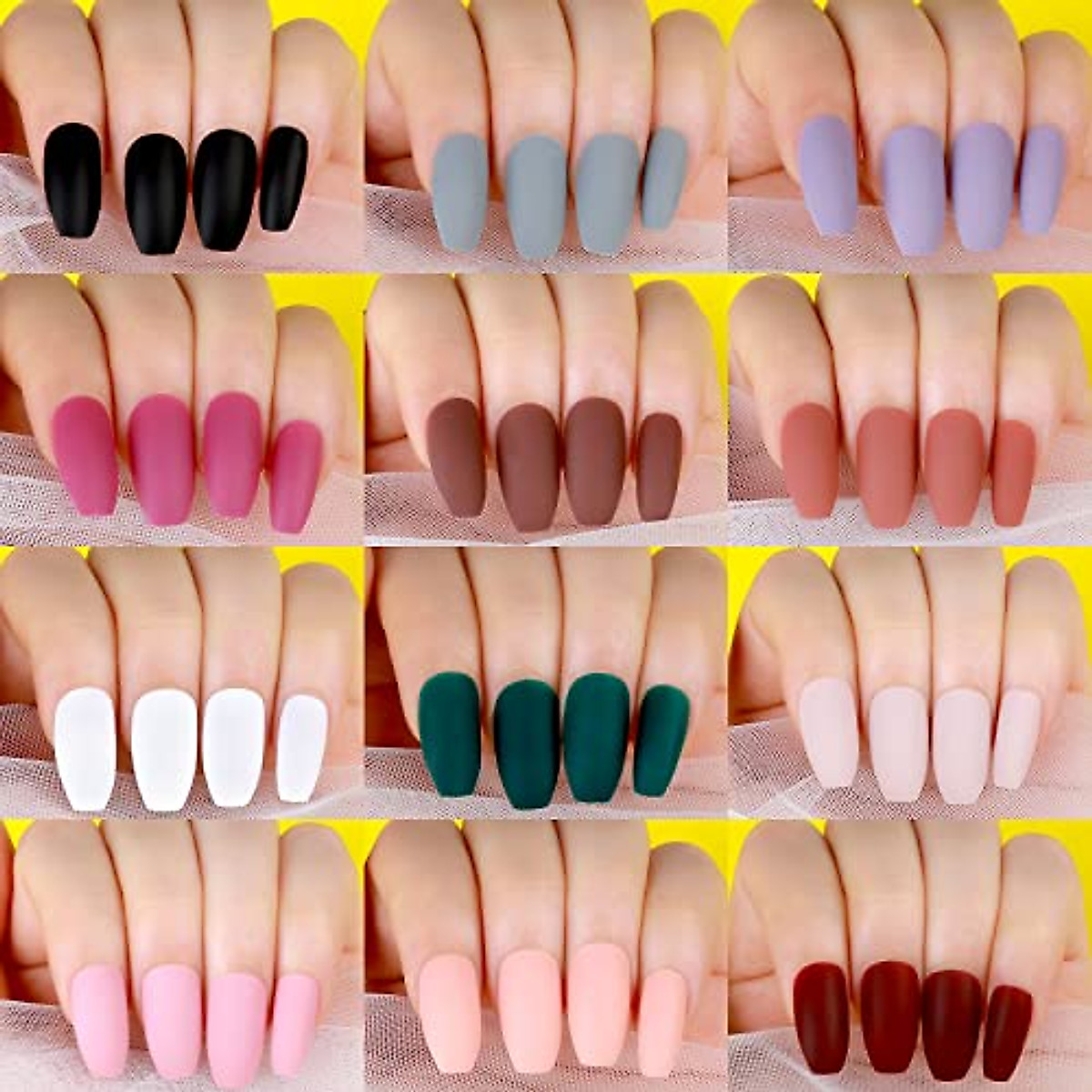 12 Packs (288PCS) Matte Press on Nails Medium Length, FANDAMEI Ballerina Coffin Acrylic Short Fake Nails Full Cover with 10g Nail Tips Glue, 12 Color False Nails for Nail Art DIY