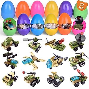 12 Pack Easter Eggs Prefilled with Vehicle Building Blocks, Military Buidling Toys for Easter Eggs Hunt, Easter Party Favors for Kids, Easter Basket Stuffers, Easter Gift Classroom Prizes