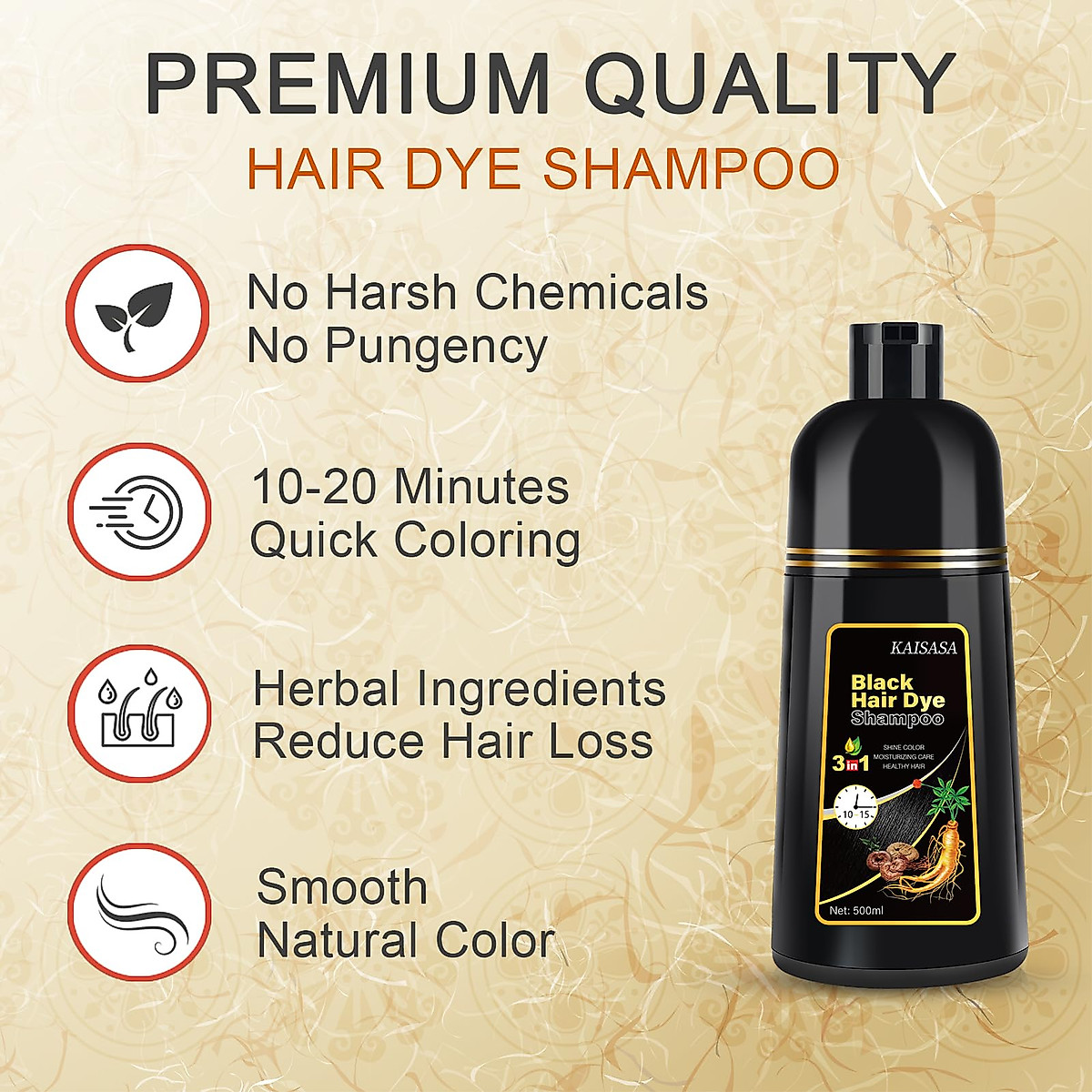 KINGMING Black Hair Dye Shampoo 3 in 1 for Gray Hair, Hair Color Shampoo for Women Men Grey Hair Coverage, Herbal Ingredients Champu Con Tinte Para Canas 500ml (Black)