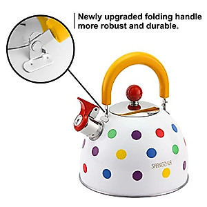 SHANGZHER Cute Tea Kettle Stovetop Whistling Colorful Polka Dots Kettle Stainless Steel Tea Pot Foldable Handle (Polka dots 2.6 Quart / 2.5 Liter)