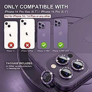 Choiche [3+1] for iPhone 14 Pro/iPhone 14 Pro Max Camera Lens Protector Bling, 9H Tempered Glass Camera Cover Screen Protector Metal Ring Decoration Accessories (Glitter-Purple)