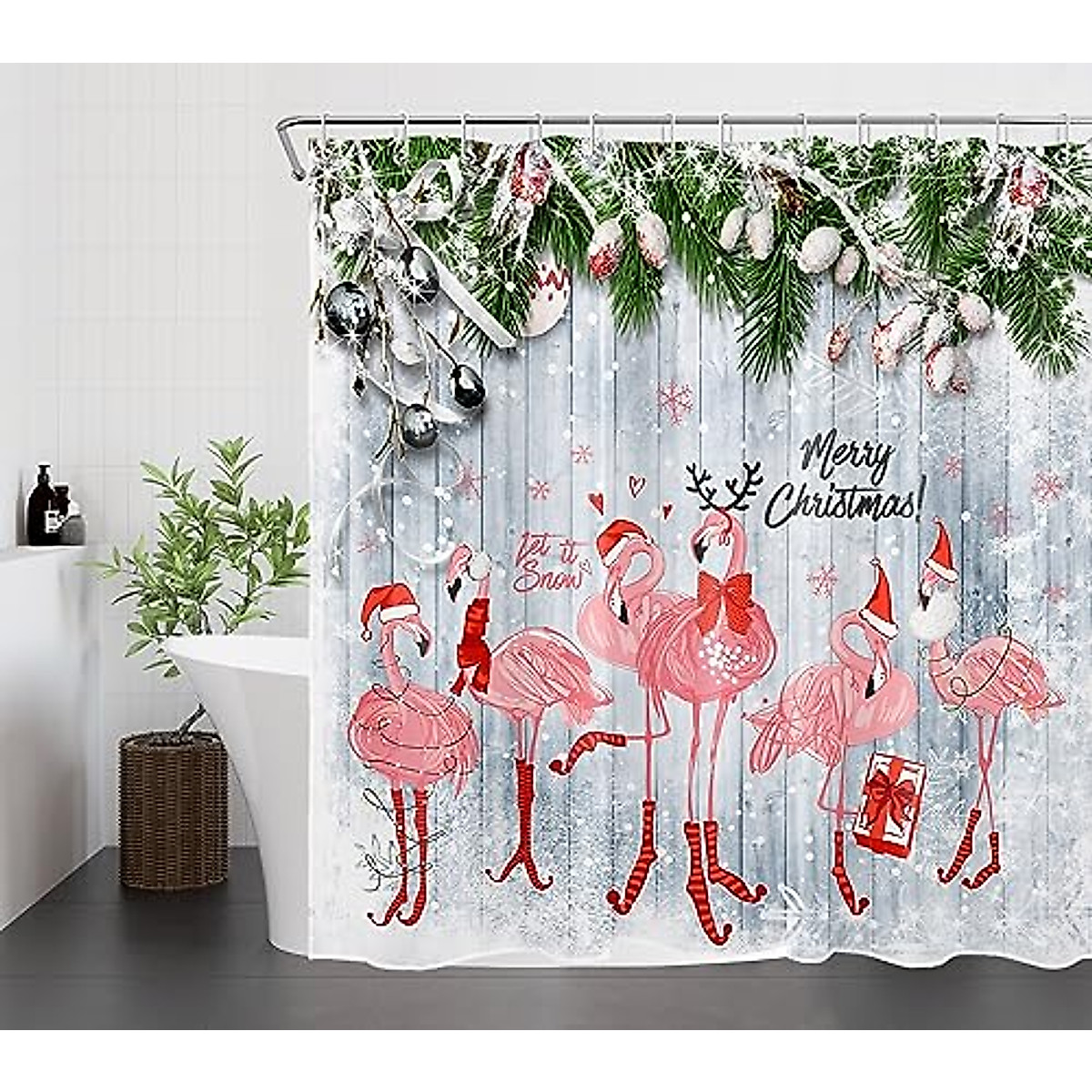 HVEST Christmas Shower Curtain for Bathroom, Pink Flamingo and Pine Branch on Rustic Wood Boards Shower Curtain with Hooks, Winter Snowflake Bathroom Curtains Shower Set Holiday Decor, 72X72 inch