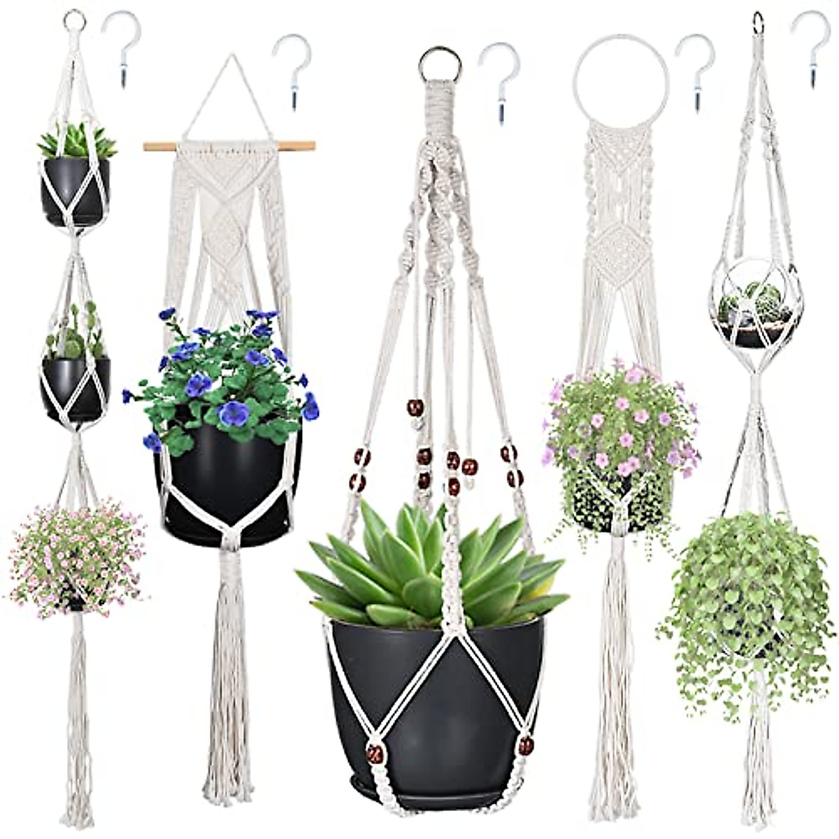 Macrame Plant Hangers, Hanging Planters Set of 5 with 5 Hooks, Hanging Planters for Indoor and Outdoor Plant Décor, Different Tier (5 Sizes) Beige