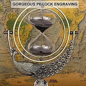 Sand Timer Hourglass Clock 60 Minute with Brass Peacock Frame & Crystal,SuLiao Antiguo Reloj De Arena 1 Hora,Metal Large Watch One Hour Glass Sand Watch for Gifts Home Office Desk Decor